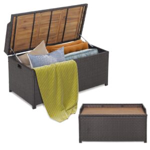 tangkula 45 gallon outdoor storage bench, mix brown rattan storage container with zippered liner, acacia wood top lid, sturdy gas strut support, 3-in-1 multifunctional deck box for front porch, garden