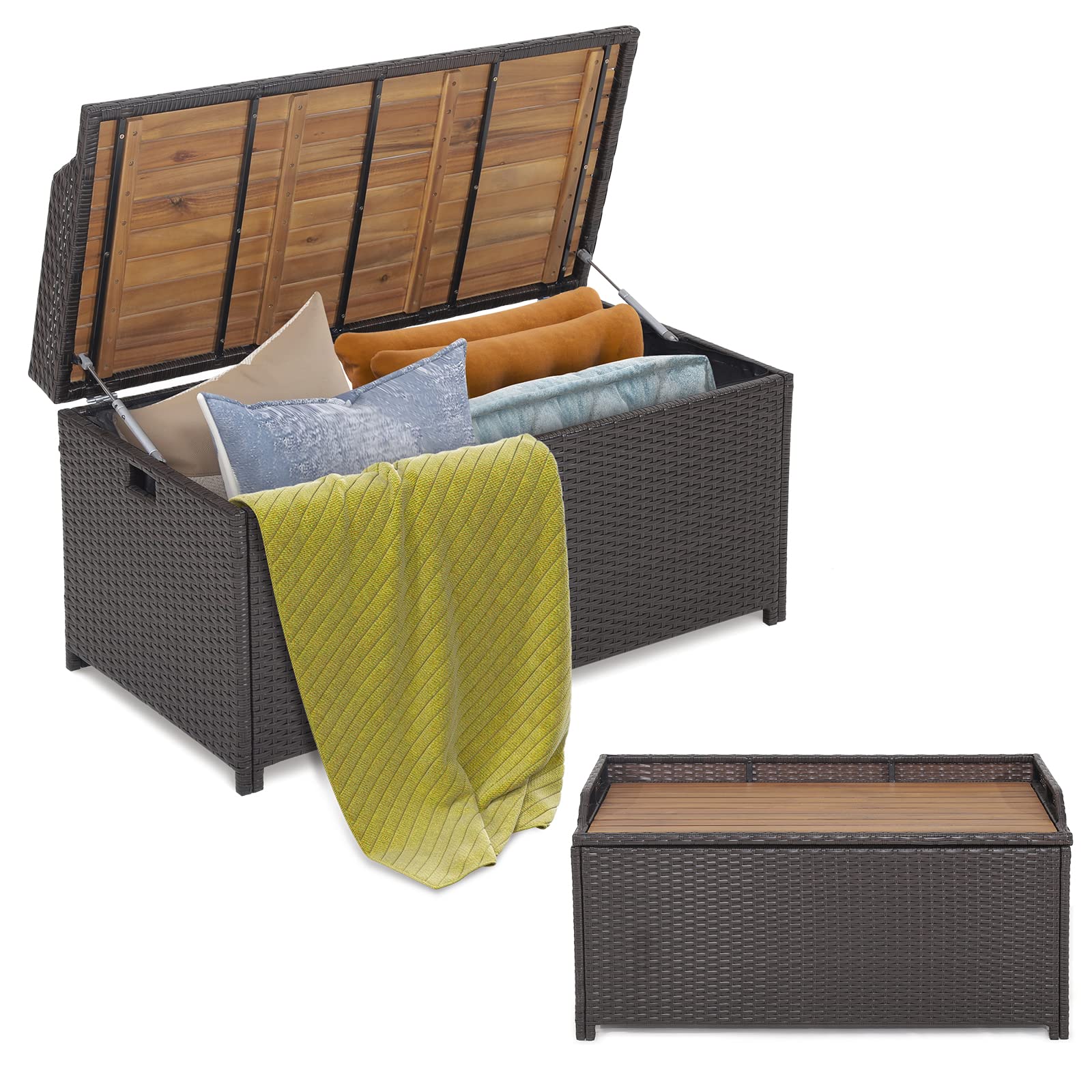 Tangkula 45 Gallon Outdoor Storage Bench, Mix Brown Rattan Storage Container with Zippered Liner, Acacia Wood Top Lid, Sturdy Gas Strut Support, 3-in-1 Multifunctional Deck Box for Front Porch, Garden