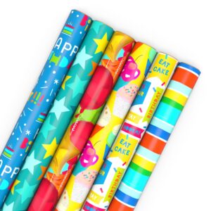 hallmark birthday wrapping paper rolls - stars, stripes, balloons, cupcakes, happy birthday gift wrap paper (set of 6 rolls: 180 sq. ft. ttl.)