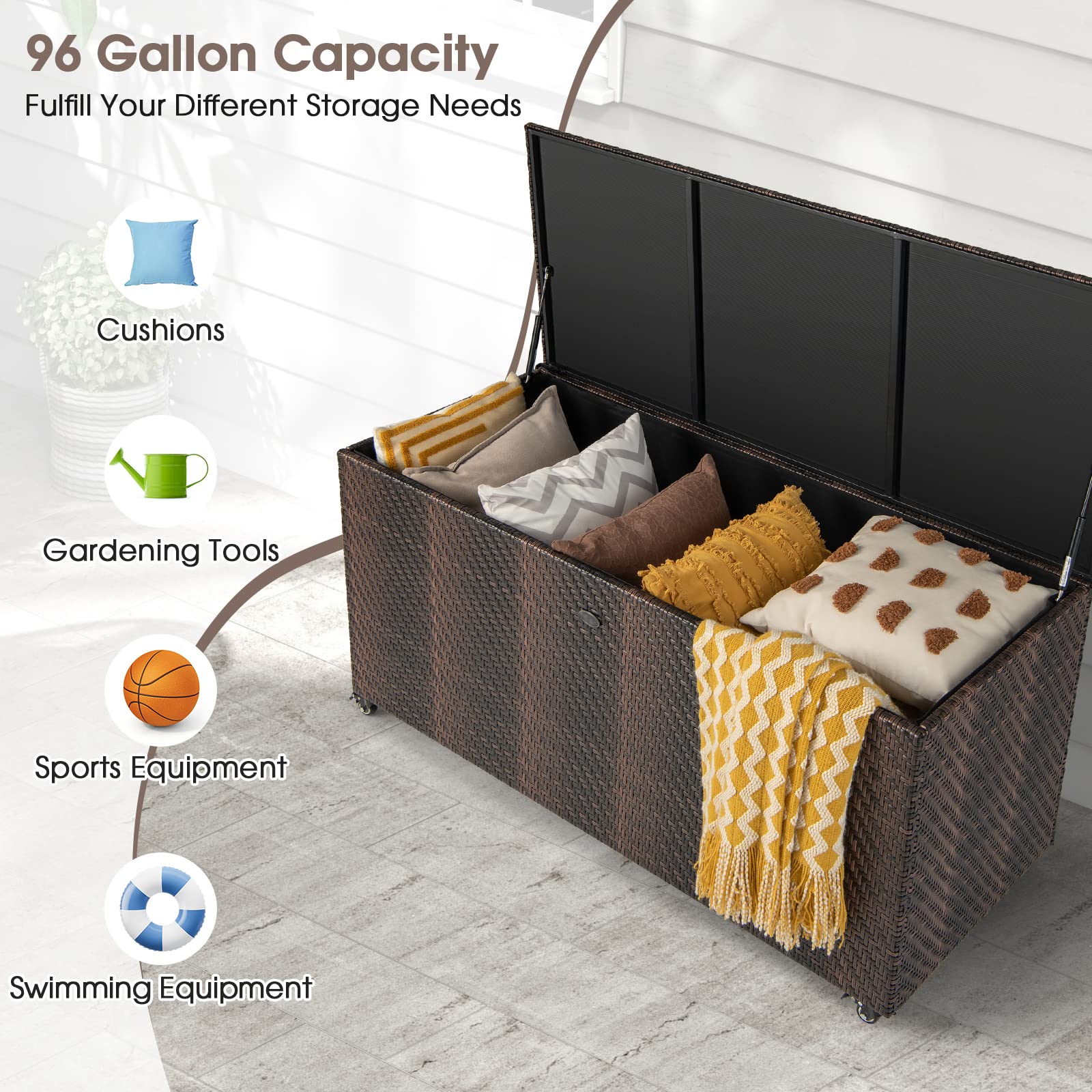 HAPPYGRILL Outdoor Rattan Deck Box, 96 Gallon PE Wicker Patio Storage Box with 4 Wheels and Liner, 2-in-1 Multifunctional Storage Box for Patio Furniture Cushions Garden Tools Pool Accessories