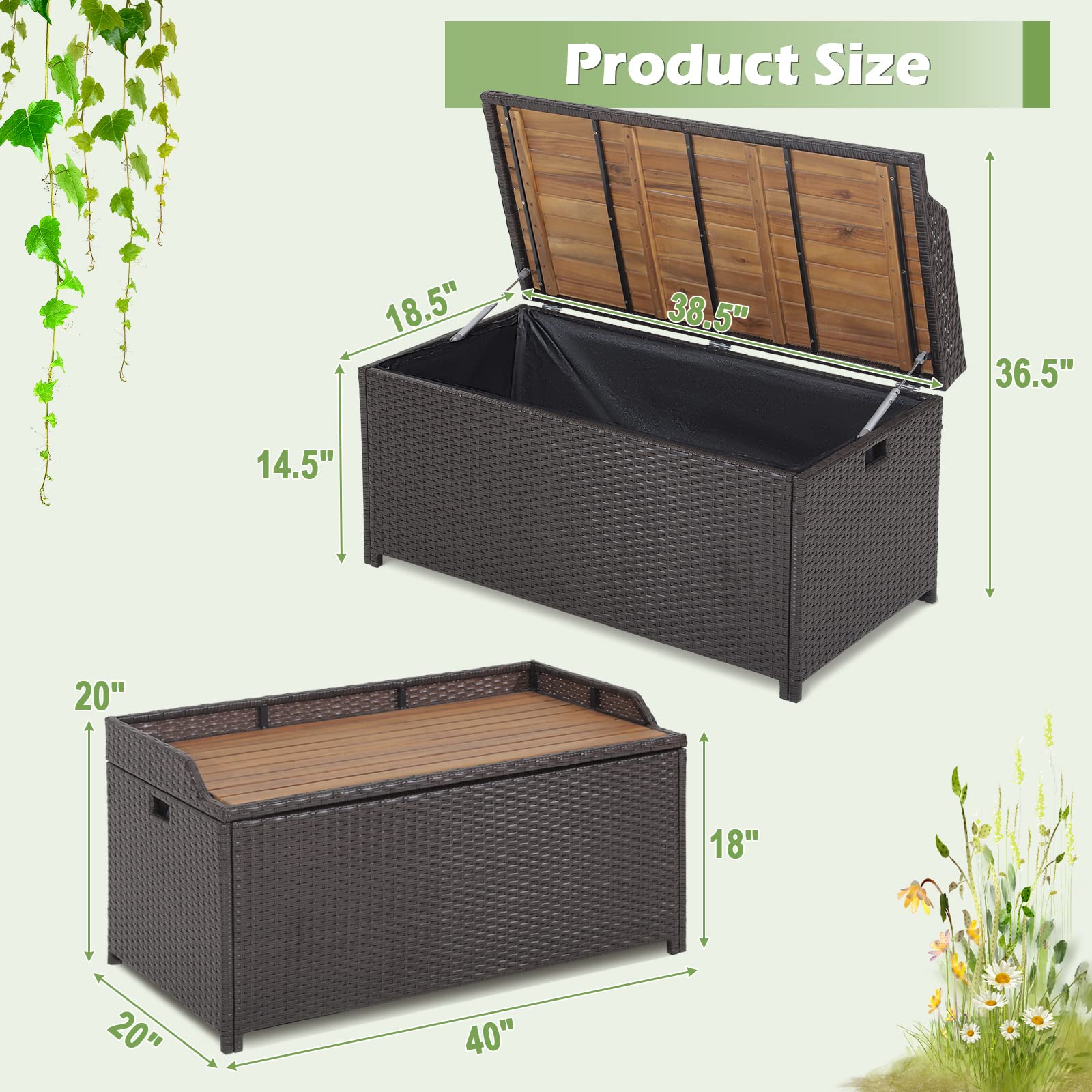 Tangkula 45 Gallon Outdoor Storage Bench, Mix Brown Rattan Storage Container with Zippered Liner, Acacia Wood Top Lid, Sturdy Gas Strut Support, 3-in-1 Multifunctional Deck Box for Front Porch, Garden