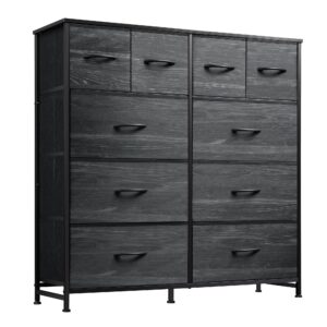 wlive dresser for bedroom with 10 fabric drawers, tall chest organizer units for clothing, closet, storage tower with cabinet, metal frame, wooden top, charcoal black wood grain print