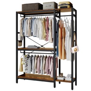 zerder clothes rack, heavy duty garment rack for clothes, clothing racks with shelves and 4 side hooks, freestanding metal wooden closet organizer (rustic brown)