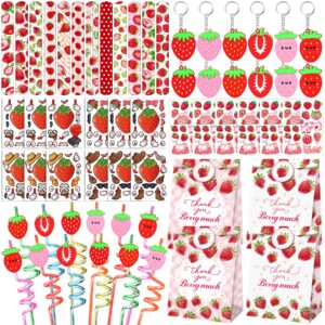 strawberry party favor 72 pcs sweet berry slap bracelets diy stickers temporary tattoos keychain plastic straws gift bags for kids girls birthday party baby shower summer fruit goodie bag fillers