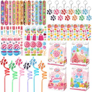 erweicet candyland party favors sweet lollipops slap bracelets diy stickers temporary tattoos keychains plastic straws gift bags for kids girls sweet candy theme birthday party baby shower