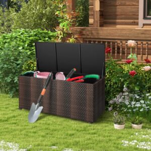 HAPPYGRILL Outdoor Rattan Deck Box, 96 Gallon PE Wicker Patio Storage Box with 4 Wheels and Liner, 2-in-1 Multifunctional Storage Box for Patio Furniture Cushions Garden Tools Pool Accessories