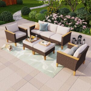 phi villa 7-piece wicker patio conversation set, outdoor rattan sectional furniture patio set for 7 seats with cushioned 2 x single sofa, 2 x armrest chair, 2 x ottoman and 1 x armless sofa, beige