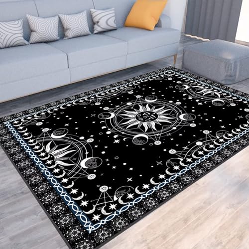 5' X 7' Sun and Moon Rug Boho Celestial Area Rugs for Bedroom Dorm Living Room Bohemian Occult Crescent Solar Stars Galaxy Floor Mat Pad Doormat Carpet,150 X 210cm,Black