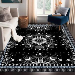 5' x 7' sun and moon rug boho celestial area rugs for bedroom dorm living room bohemian occult crescent solar stars galaxy floor mat pad doormat carpet,150 x 210cm,black