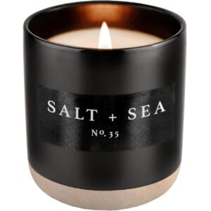 sweet water decor salt and sea soy candle | sea salt, citrus, musk and amber scented soy candles for home | 12oz black stoneware jar, 60+ hour burn time, made in the usa