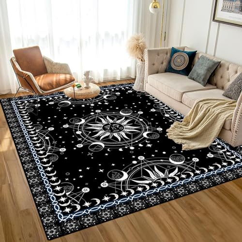 5' X 7' Sun and Moon Rug Boho Celestial Area Rugs for Bedroom Dorm Living Room Bohemian Occult Crescent Solar Stars Galaxy Floor Mat Pad Doormat Carpet,150 X 210cm,Black