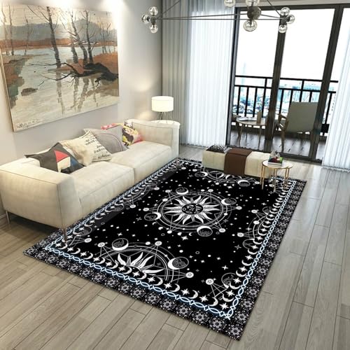 5' X 7' Sun and Moon Rug Boho Celestial Area Rugs for Bedroom Dorm Living Room Bohemian Occult Crescent Solar Stars Galaxy Floor Mat Pad Doormat Carpet,150 X 210cm,Black