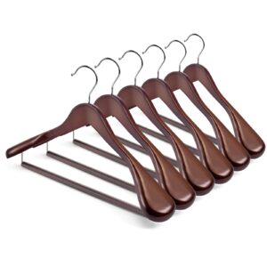 house day wide shoulder wooden hangers, wood suit hangers with non slip pant holder, heavy duty coat hangers for closet, wooden clothes hangers for suits, coats, jackets, shirts (6 pack, walnut)