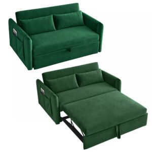 ucloveria sleeper sofa, pull out couch with 2 detachable arm pockets, loveseat sleeper adjustable, 55" convertible pull out sofa bed for living room bedroom, velvet green