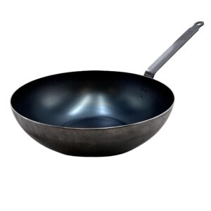 de buyer - blue carbon steel wok pan 2mm thick - access - 12.5” diameter, 9” cooking surface - oven safe - naturally nonstick - made in france