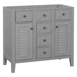 36" bathroom vanity without sink, bathroom vanity base with two cabinets and five drawers, modern freestanding bathroom storage cabinet with solid wood frame and soft closing doors for bathroom, grey