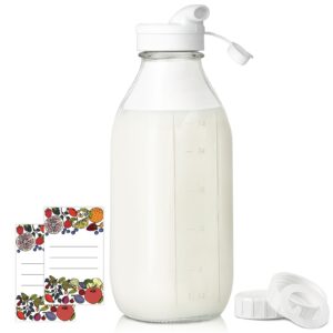 syntic square liter glass milk bottles with airtight lid - 100% airtight heavy duty screw lid, 32 oz glass juice bottles w scale mark, reusable glass jars for homemade juice(extra 1 lid and pen)