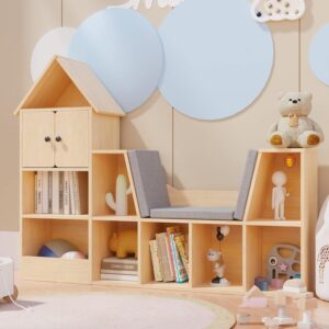 cozy castle 56.9" wooden kids bookshelf with reading nook, kids bookcase with detachable cushions,toy storage organizer with 9 cubes and 2 doors for bedroom, playroom, oak