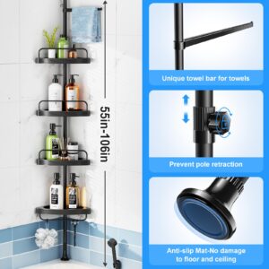 Corner Shower Caddy Tension Pole: Adjustable Stainless Steel Shower Organizer with 4 Tier Shelf for Bathroom Bathtub Tub Shampoo -Floor Standing Rack Bath Storage Holder with Rust Proof Rods - Black