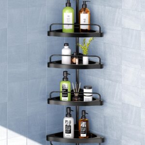 Corner Shower Caddy Tension Pole: Adjustable Stainless Steel Shower Organizer with 4 Tier Shelf for Bathroom Bathtub Tub Shampoo -Floor Standing Rack Bath Storage Holder with Rust Proof Rods - Black