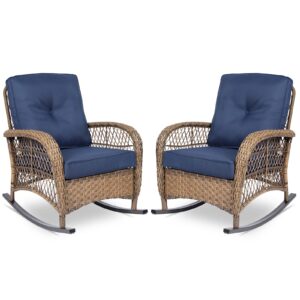 vivijason 2 piece patio wicker rattan rocker chair, outdoor rattan rocker chair with cushions & steel frame, all-weather rocking lawn wicker furniture for garden backyard porch (navy blue)