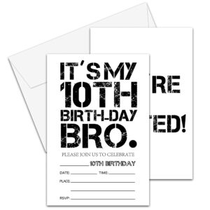 yqv it's my 10th birthday bro invitations cards, 4"x 6" birthday party invites with envelopes for party decorations supplies(20 pieces) -d23