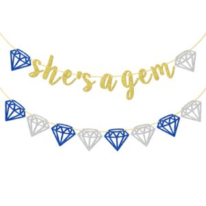 she's a gem banner - diamond themed bridal shower, bachelorette party decorations, 4.3ft wide, handmade, pre-strung - gemstone party decor in gold, silver, and blue