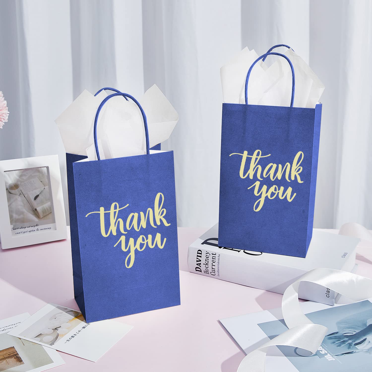 DjinnGlory 100 Pack Small Navy Blue Thank You Paper Gift Goodie Bags with Handles 9x5.5x3.15 Inch for Shopping Birthday Wedding Bridal Baby Shower Graduation 2024 Party Favors