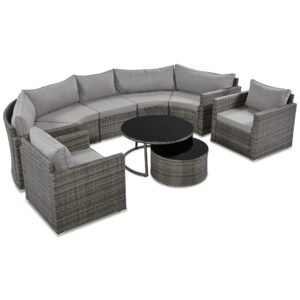 bellemave 9-piece patio sectional set half-moon sofa set gray wicker curved outdoor sofa with gray cushions & nesting coffee table, all-weather pe wicker semi-circular couch