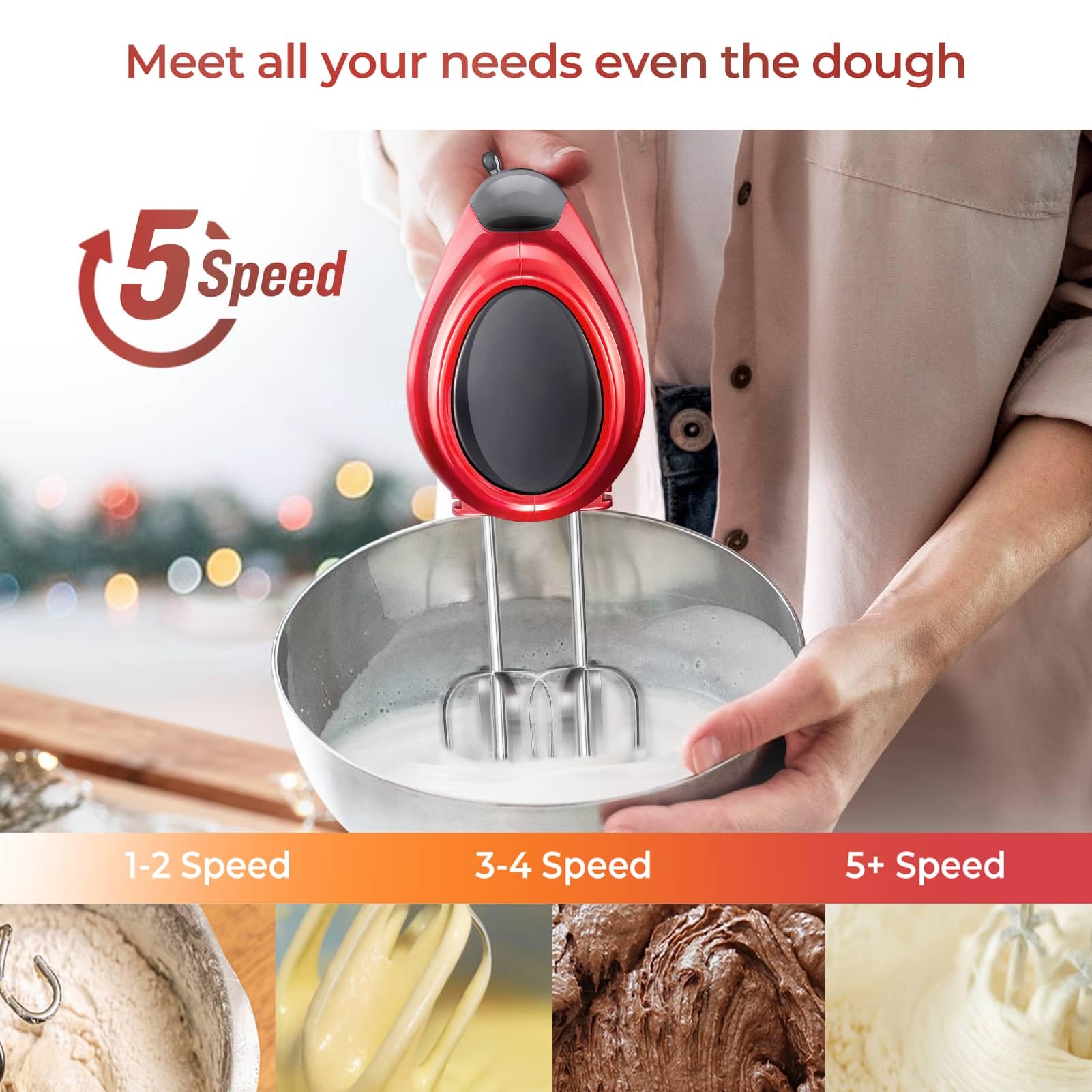 Kestreln Hand Mixer Electric Handheld with Flat Bottom, Portable Mixer for Kitchen Baking Cake, Powerful Mixing for Thicker Doughs with dough hooks