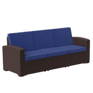 flash furniture seneca chocolate brown faux rattan sofa with all-weather navy cushions