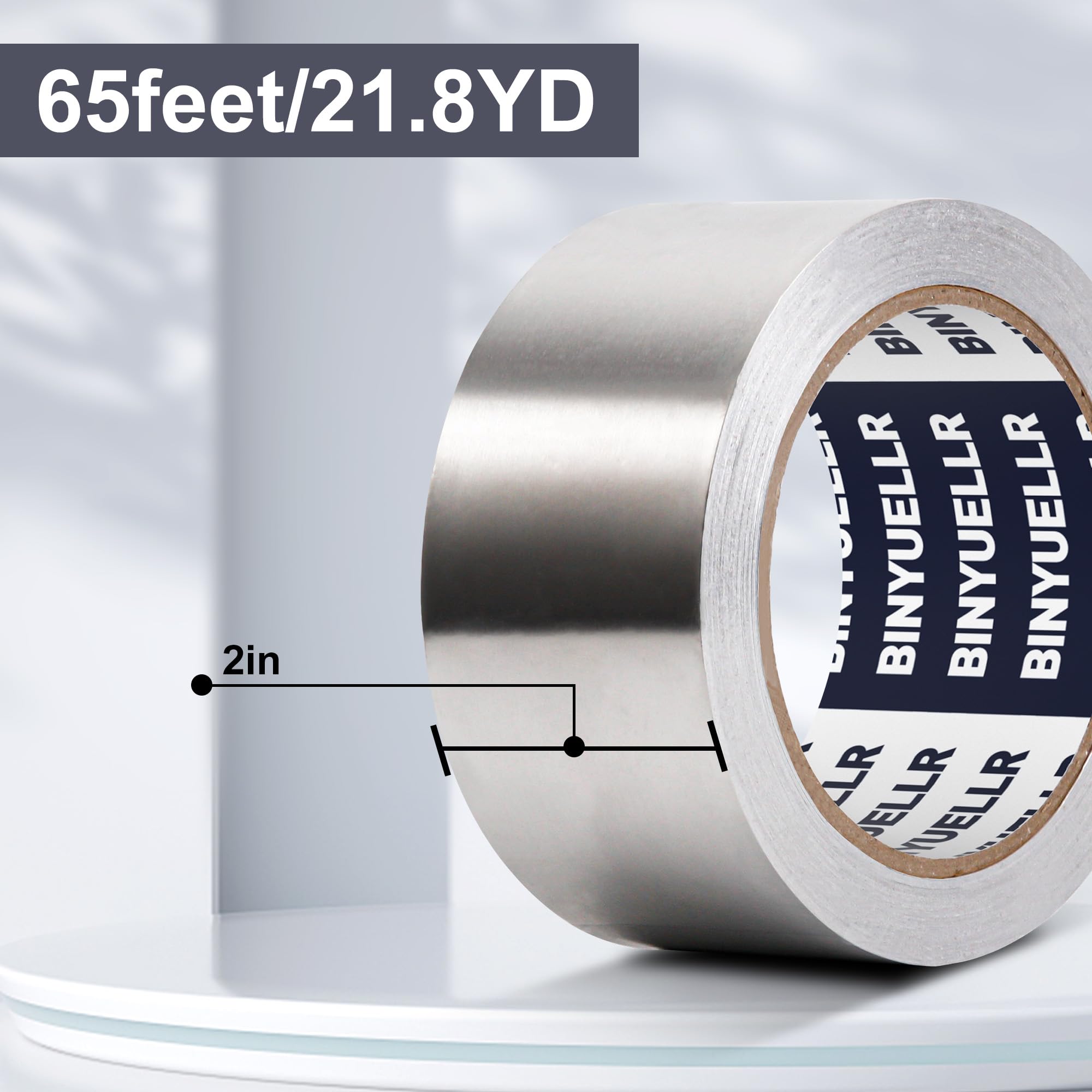 Binyuellr Aluminum Foil Tape - 2 Inch x 65 Feet, HVAC Tape Silver Metal Tape for Ductwork, Heavy Duty Duct Tape for Heat Insulation, Reflective Tape, Dryer Vents