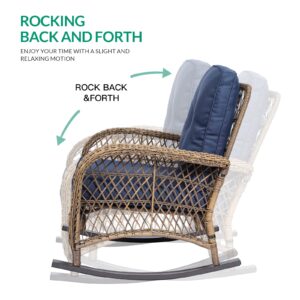 VIVIJASON Outdoor Wicker Rocking Chair, Patio Rattan Rocker Chair with Cushions & Steel Frame, All-Weather Rocking Lawn Wicker Furniture for Garden Backyard Porch (Navy Blue)