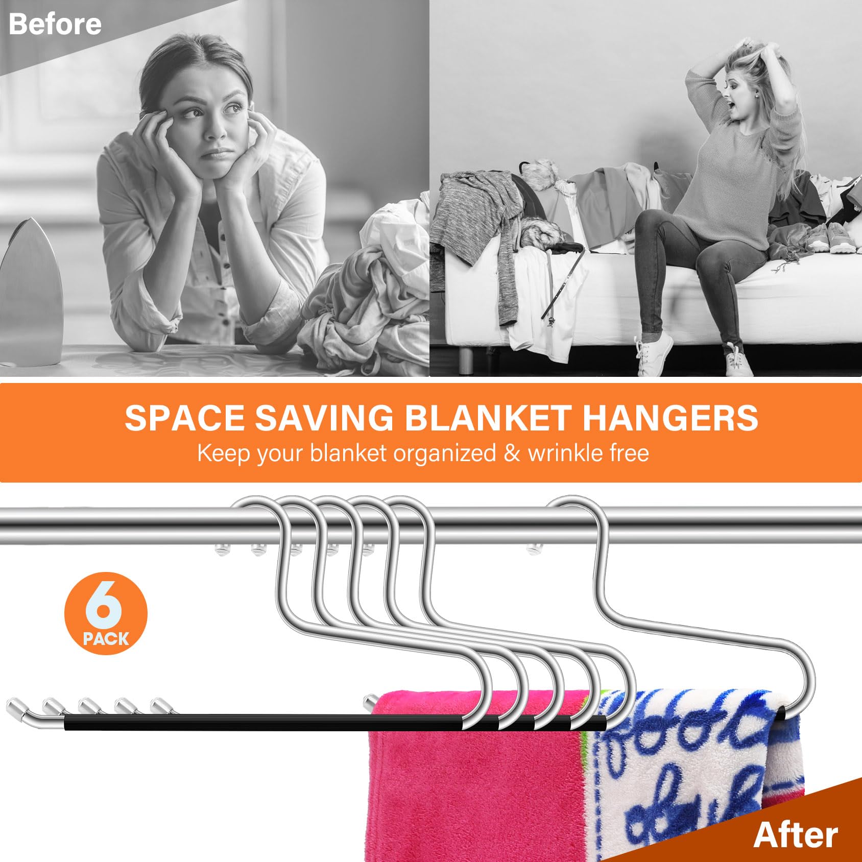 6 Pack Blanket Hanger,Non Slip Hangers Space Saving Stainless Steel Heavy Duty Hangers,Upgraded Closet Organizers and Storage Pants Hangers for Table Cloths,Comforters,Bath Towels,Rugs Sleeping Bags