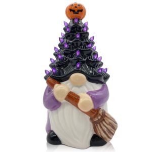 ceramic gnome halloween decorations, orange gnome ceramic tree lighted, light up pumpkin gnome table decor, halloween decor indoor, halloween centerpieces for tables gnome