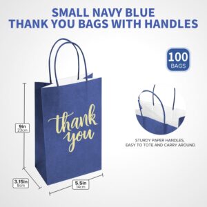 DjinnGlory 100 Pack Small Navy Blue Thank You Paper Gift Goodie Bags with Handles 9x5.5x3.15 Inch for Shopping Birthday Wedding Bridal Baby Shower Graduation 2024 Party Favors