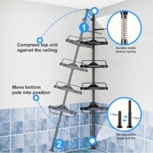 Corner Shower Caddy Tension Pole: Adjustable Stainless Steel Shower Organizer with 4 Tier Shelf for Bathroom Bathtub Tub Shampoo -Floor Standing Rack Bath Storage Holder with Rust Proof Rods - Black