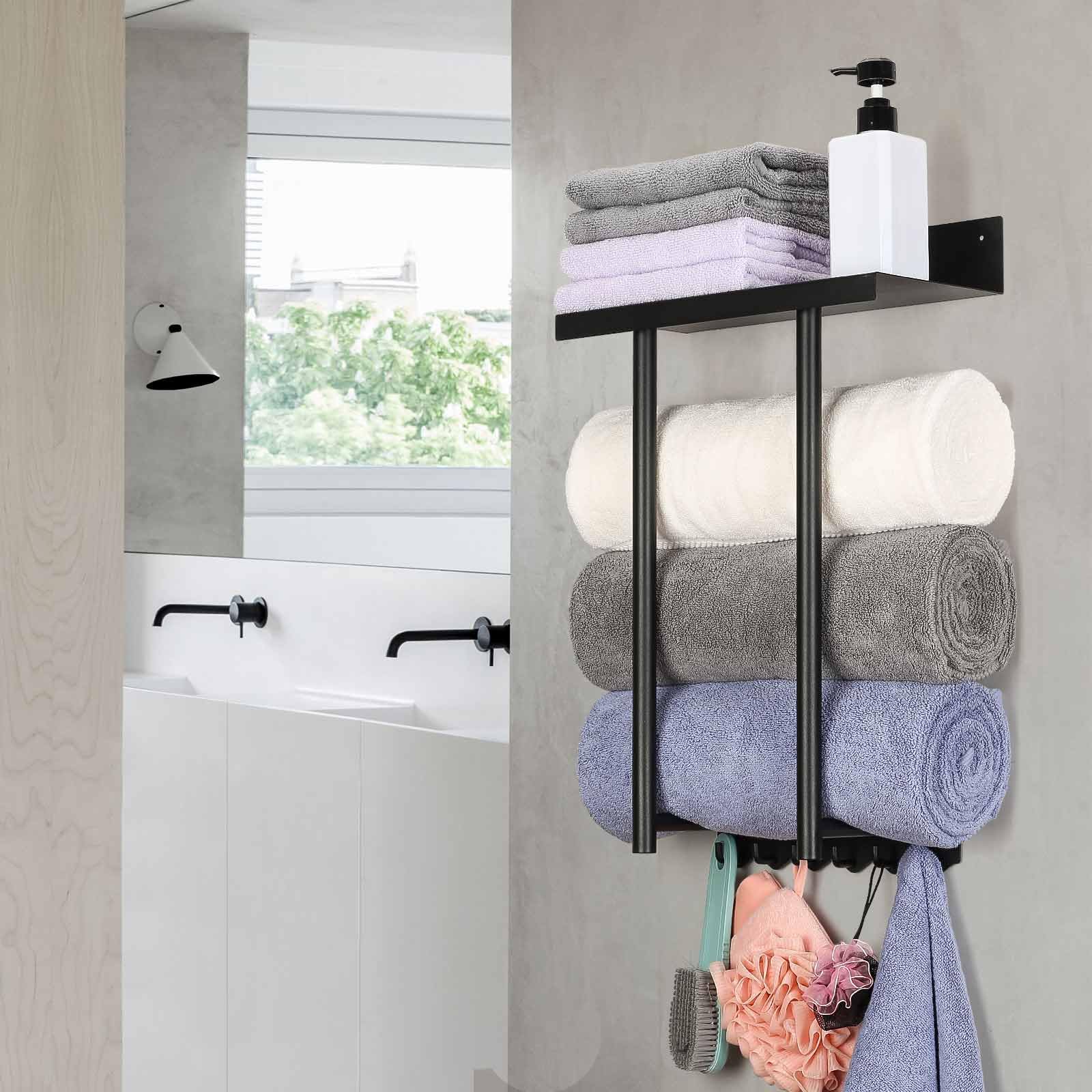 Towel Rack Wall Mounted,Bathroom Rolled Towel Holder,Adhesive Metal Black Shelf Towel Hanger,Nails Free Bath Blanket Storage,Stainless Steel Shower Hooks Towel Organizer,Home Bathroom Accessories Set