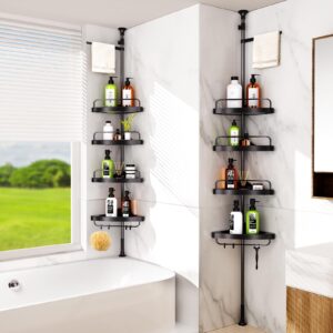 Corner Shower Caddy Tension Pole: Adjustable Stainless Steel Shower Organizer with 4 Tier Shelf for Bathroom Bathtub Tub Shampoo -Floor Standing Rack Bath Storage Holder with Rust Proof Rods - Black