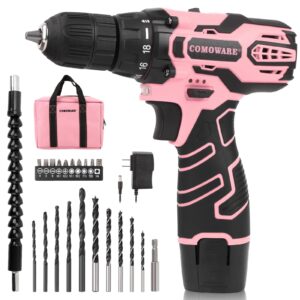 comoware pink cordless drill set, 12v power drill set electric screwdriver driver tool kit for women, 3/8" keyless chuck 1 battery & charger with storage bag