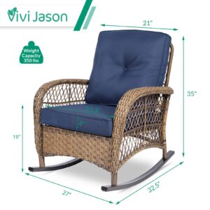 VIVIJASON Outdoor Wicker Rocking Chair, Patio Rattan Rocker Chair with Cushions & Steel Frame, All-Weather Rocking Lawn Wicker Furniture for Garden Backyard Porch (Navy Blue)