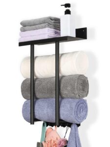 towel rack wall mounted,bathroom rolled towel holder,adhesive metal black shelf towel hanger,nails free bath blanket storage,stainless steel shower hooks towel organizer,home bathroom accessories set