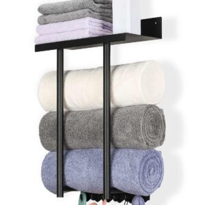 Towel Rack Wall Mounted,Bathroom Rolled Towel Holder,Adhesive Metal Black Shelf Towel Hanger,Nails Free Bath Blanket Storage,Stainless Steel Shower Hooks Towel Organizer,Home Bathroom Accessories Set