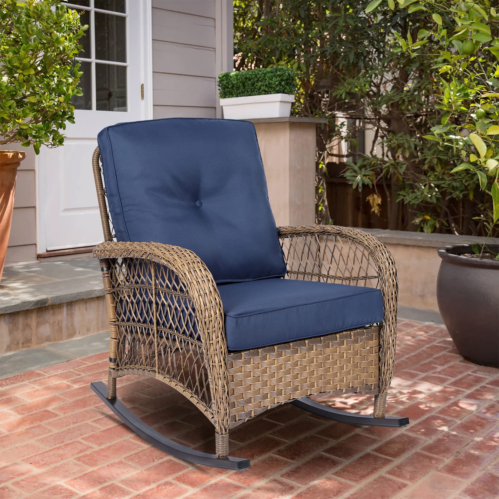 VIVIJASON Outdoor Wicker Rocking Chair, Patio Rattan Rocker Chair with Cushions & Steel Frame, All-Weather Rocking Lawn Wicker Furniture for Garden Backyard Porch (Navy Blue)