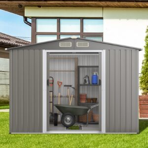 ironmax outdoor storage shed with floor, 8x6 ft galvanized steel large garden shed w/lockable sliding doors & air vent, heavy duty tool storage house for backyard patio lawn