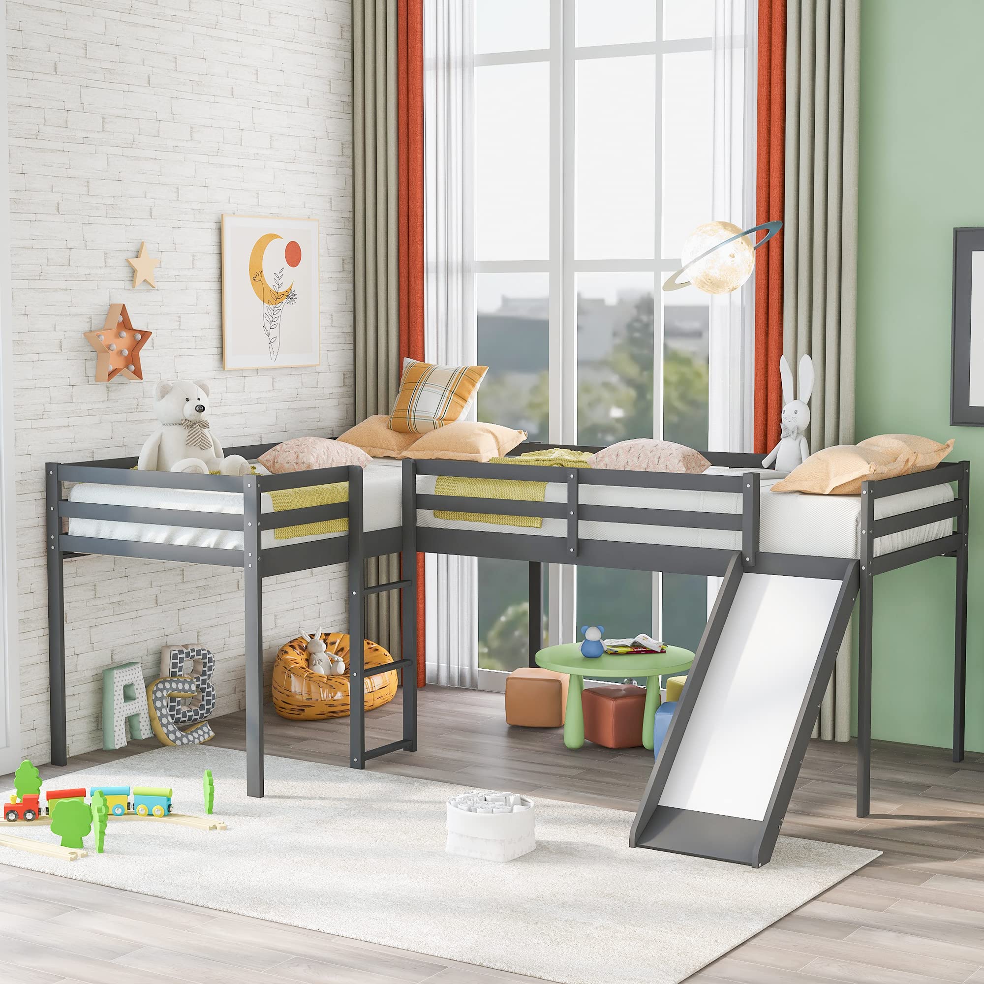 Merax L-Shaped Twin Size Loft Bed with Ladder and Slide