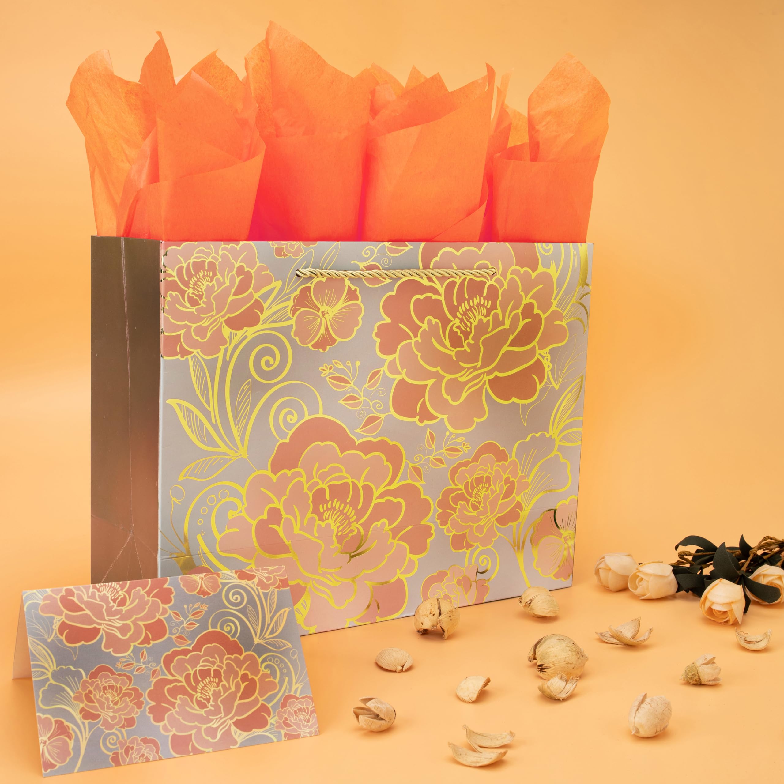 13" Large Rose Gold Gift Bag Set with Greeting Card and Orange Tissue Paper for celebrating birthdays,Mother's Day,Christmas,weddings,anniversaries,and more-13"x10.1"x5.2",1 Pcs.