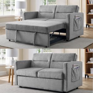 merax 54.5" loveseat with pull out bed, 3 in 1 convertible chenille sleeper sofa bed with adjustable backrest & 2 arm pocket for living room or apartments, grey