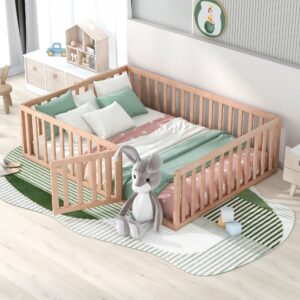 harper & bright designs floor bed with rails, full size wood floor bed frame with fence and door, for kids girls boys (natural)