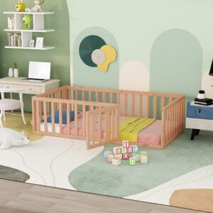 bellemave twin size floor bed for kids, montessori beds with fence railings and door, wood playhouse bed frame for boys girls, natural